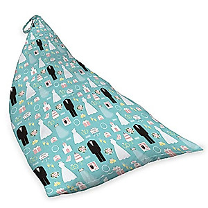 Lunarable Wedding Lounger Chair Bag, Suit Bridal Dress Veil Rings Cake and Bouquet of Flowers, High Capacity Storage with Handle Container, Lounger Size, Pale Pink Pale Blue