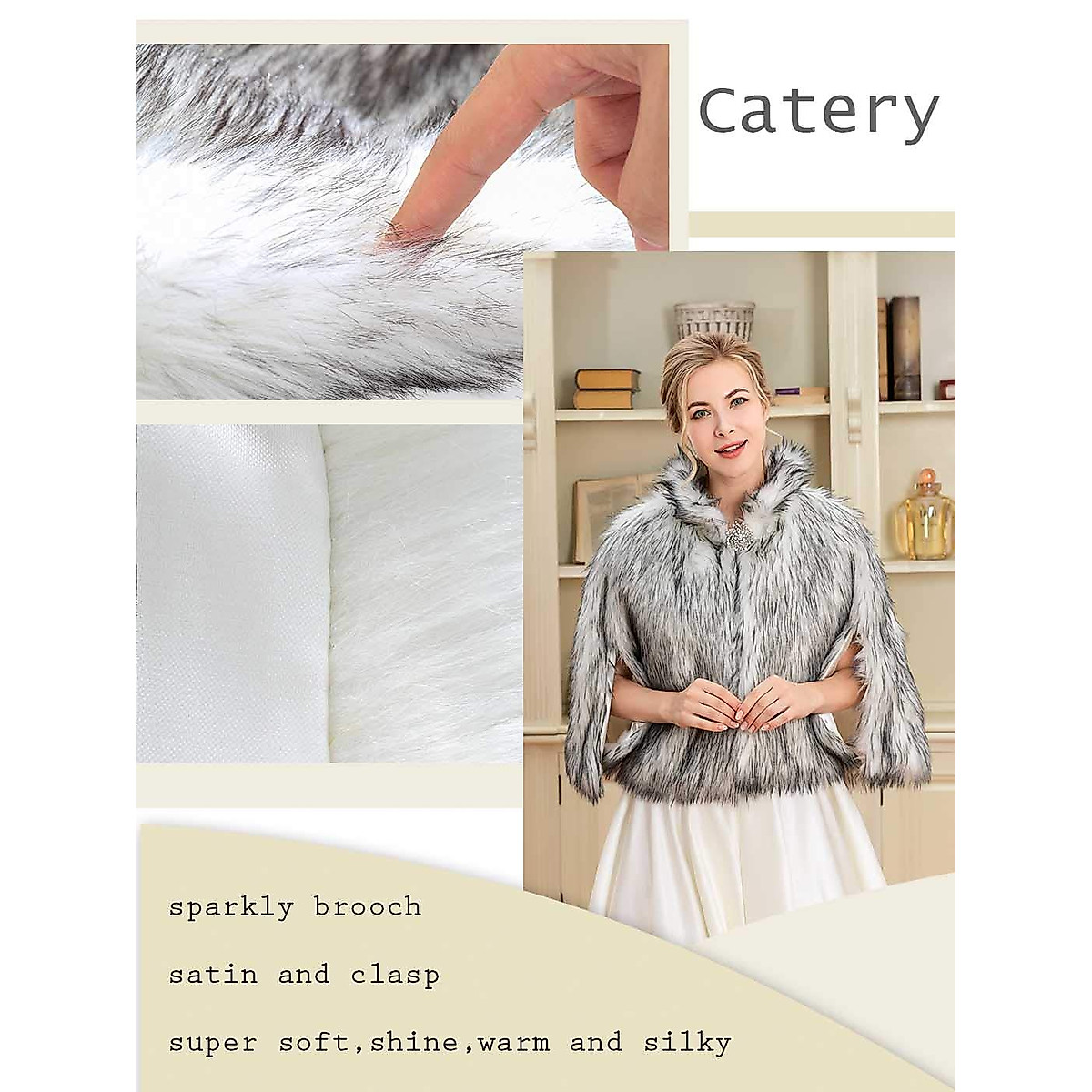 Catery Women’s Faux Fur Wraps and Shawls Bridal Wedding Cape Fur Stole Scarf Bride Scarves Shrug Winter Cover Up Accessories for Women and Girls(White+Black)