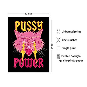 Pink Aesthetic Poster Preppy Room Decor, Cat Canvas Wall Art, Female Power Art Painting, Lightning Art Print for Teen Girls Bedroom College Dorm Room Decor, Girls Trend Wall Decor--12” x 16” Unframed