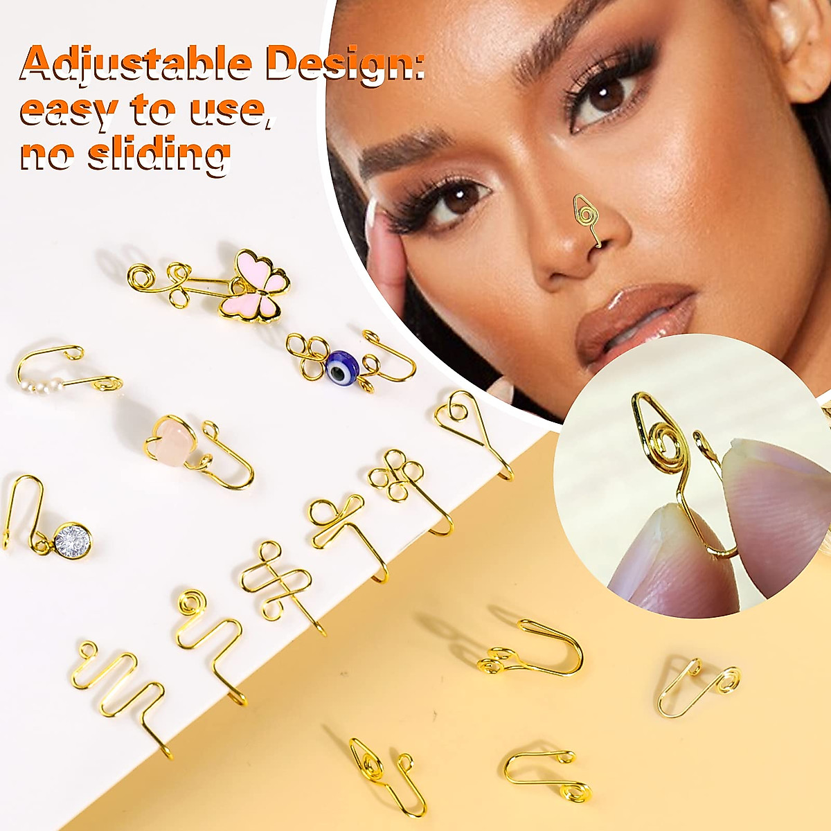 Mity rain Nose Cuffs, 18k Gold Plating African Nose Cuff Non Piercing, Clip On Fake Nose Cuff for Women(15pcs)