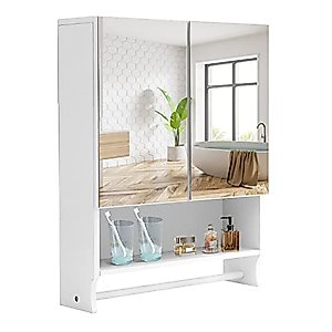 Nidouillet Bathroom Wall Cabinet with Mirror, 27" Wall Mounted Medicine Cabinet Storage with 2 Mirrored Doors, Adjustable Shelves, Towel Rack, White Hanging Cabinet for Over Toilet, Laundry Room