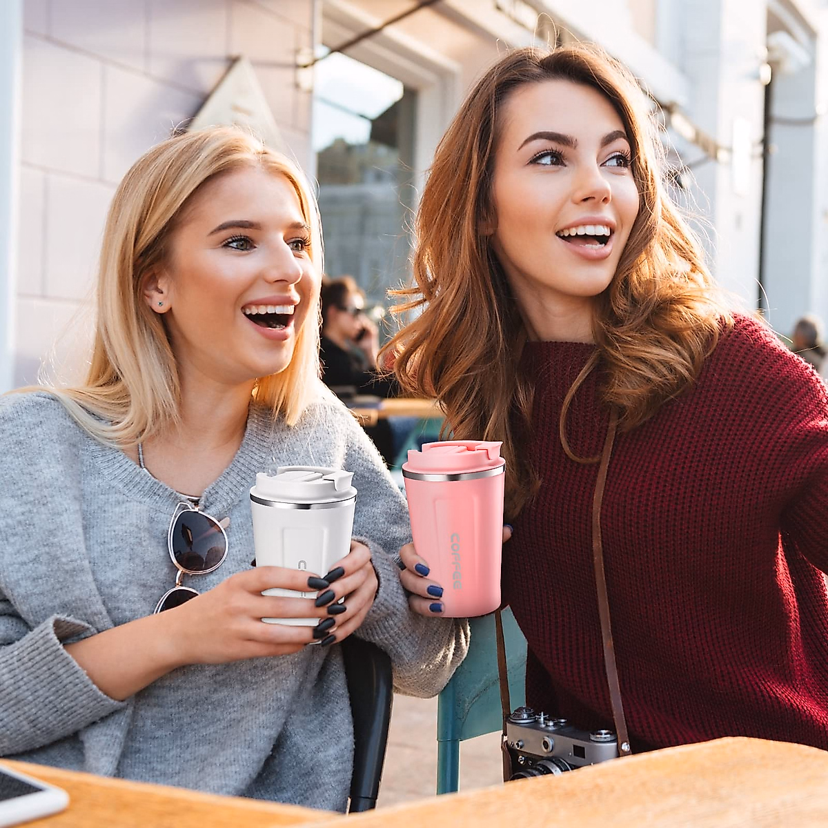 Sieral 4 Pcs 13 oz Christmas Travel Coffee Mug Insulated Reusable Coffee Cups with Leakproof Lid Stainless Steel Portable Coffee Tumbler for Keep Hot or Ice Coffee Milk Tea(Black, White, Pink, Green)