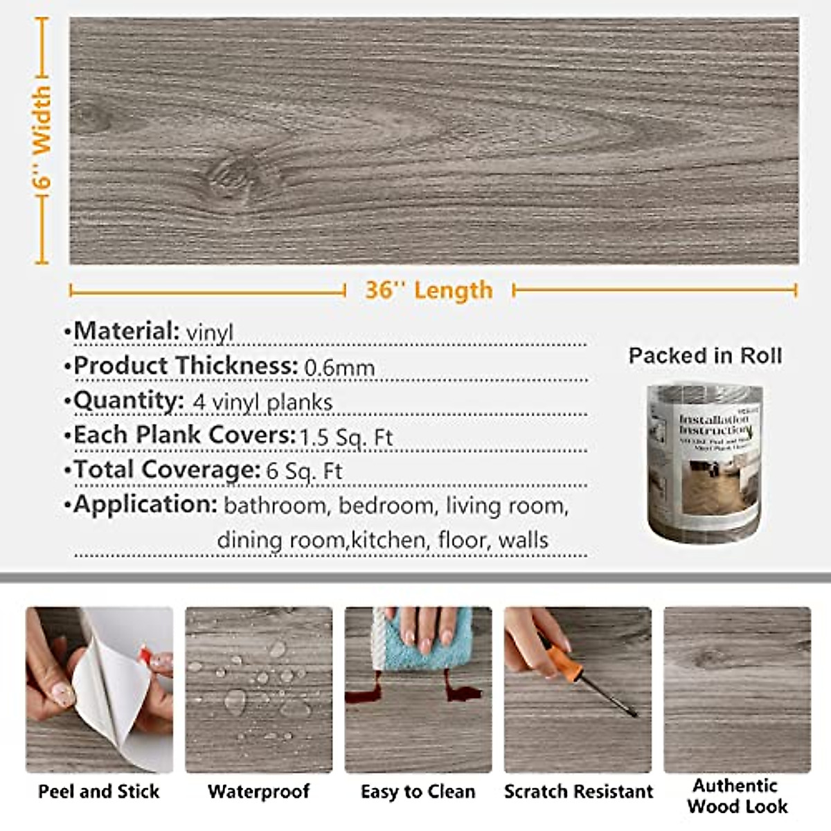 VEELIKE Light Grey Wood Vinyl Plank Flooring Waterproof Wood Grain Peel and Stick Floor Tile 6''x36'' Self Adhesive Grey Laminate Wood Flooring for Bathroom Kitchen Bedroom RV(4-Pack, 6 Sq. Ft.)