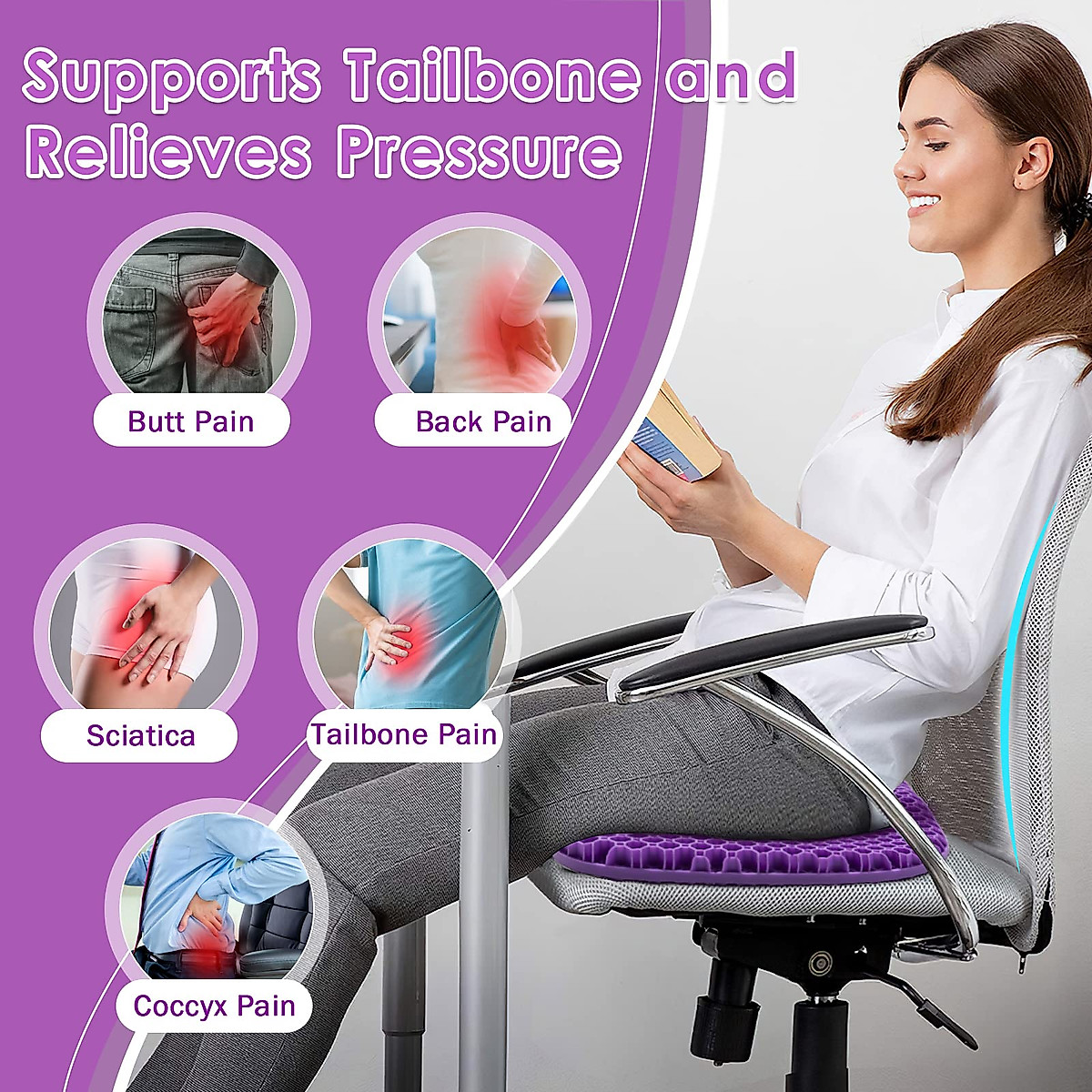 Enhanced Full Gel Seat Cushion for Sitting - Hip, Coccyx, Sciatica, Pressure Sores Tailbone Pain Relief Pad, Seat Cushion for Car, Wheelchair, Desk, Stadium - Office Cushion for Pressure Relief