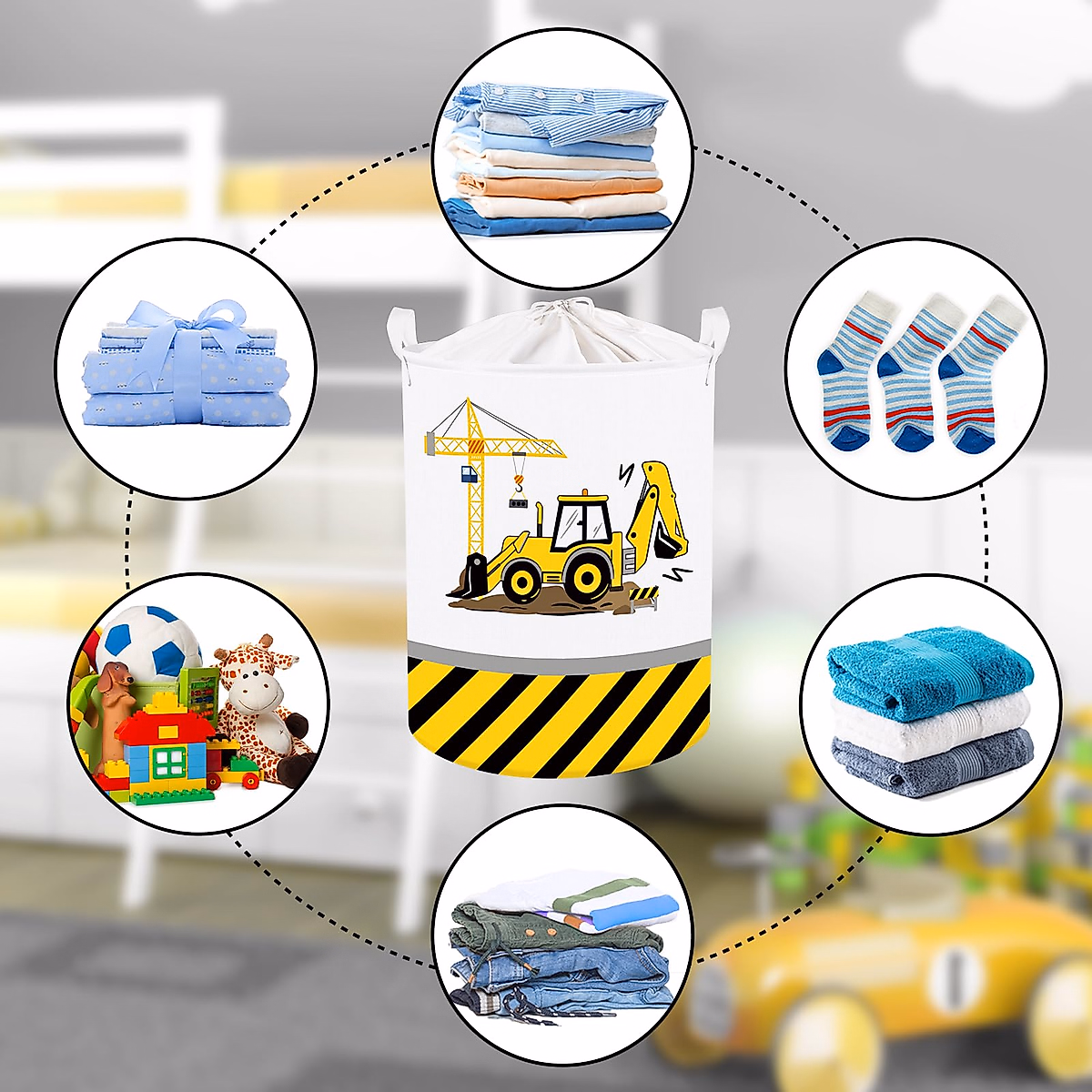 Clastyle 45L Cartoon Yellow Excavator Boys Laundry Basket Bulldozer Crane Engineering Vehicles Kid Hamper Round Toys Clothes Storage Baskets with Drawstring