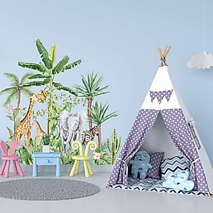 Tropical Rainforest Animals Plants Wall Stickers, AUHOKY Removable Cartoon Elephant Giraffe Nordic Plant Wallpaper Decor, Peel and Stick Art Murals for Kids Bedroom Background Nursery Home Decorations