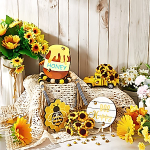 Zhanmai 35 Pieces Bee Tiered Tray Decor, Spring Summer Farmhouse Tiered Tray Decorations Sunflower Honey Bee Tier Tray Farmhouse Mini Wood Decor Bee Sign Decor for House Table Decor Birthday Party