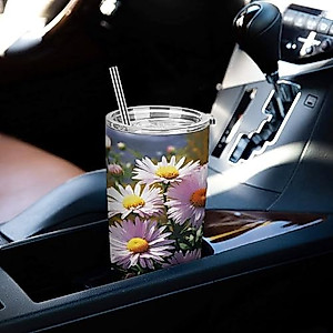 FHENMSA Stainless Steel Insulated Travel Coffee Mug,Daisy Plants Print Reusable Car Cup,Thermal Cup for Outdoor with Straw And Lid