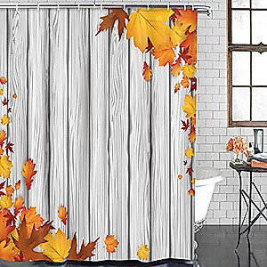 ArtSocket 4 Pcs Shower Curtain Set Autumn Orange Fallen Maple Leaves Fall on The Wood with Non-Slip Rugs Toilet Lid Cover and Bath Mat Bathroom Decor Set 72" x 72"