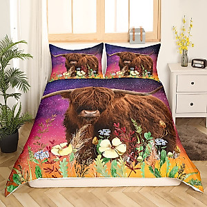 Feelyou Highland Cow Duvet Cover Queen Size Highland Cattle Comforter Cover 3D Printed Space Bedding Set Galaxy and Flowers Bedspread Cover for Kids Boys Girls Adults with 2 Pillow Case