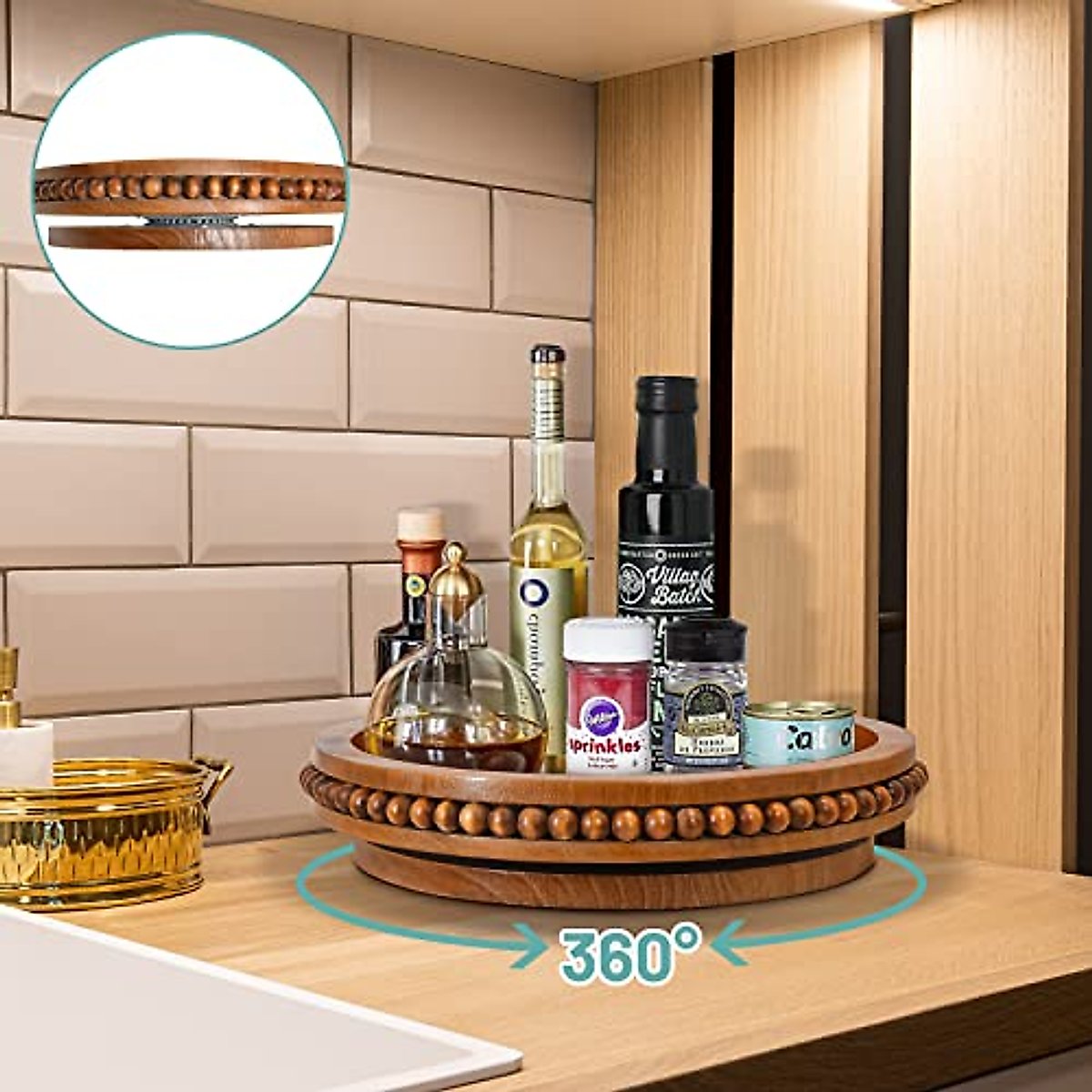 Farmhouse Lazy Susan Organizer,Decorative Tray Riser,Lazy Susan for Table, Counter Lazy Susan Turntable Organizer with Beads,360 Degrees Rotating Display Stand for Spice Racks,Centerpiece Tray,Brown