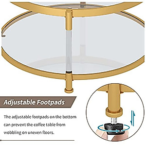 OIOG 2 Tier Coffee Table with Acrylic Legs，32.3" Wide Round Coffee Table with Glass Top, Modern Center Table for Living Room, Studio Apartment，Glass/Gold