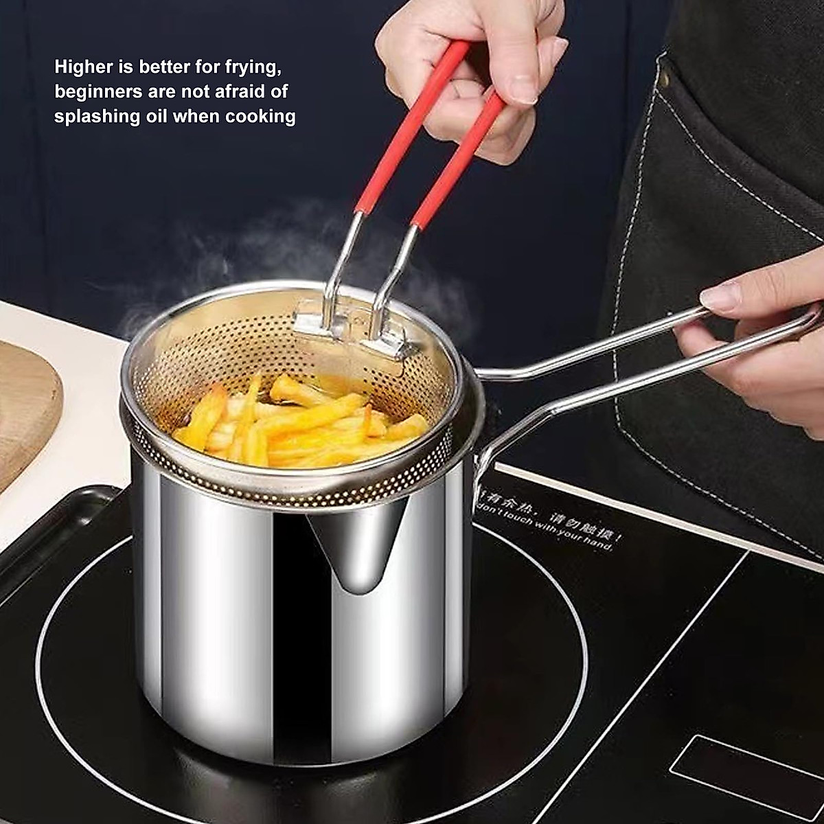 Fry Pot, 304 Stainless Steel Deep Fryer Pot with Basket and Anti Scalding Silicone Handle, Outdoor Deep Fryer for Frying Fish Seafood, French Fries, Chicken Wings Easy to