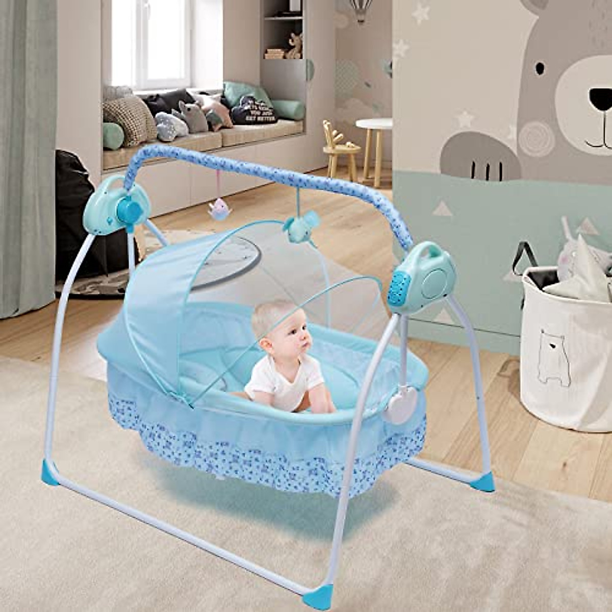 LOYALHEARTDY Baby Cradle Swing 5 Speed Electric Stand Crib Auto Rocking Chair Bed with Remote Control Infant Musical Sleeping Basket for 0-18 Months Newborn Babies, Mosquito Net+Mat+Pillow (Blue)