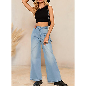 Astylish Boyfriend Jeans for Women High Waisted Baggy Boyfriend Wide Leg Flare Denim Cargo Pants Sky Blue Size 6