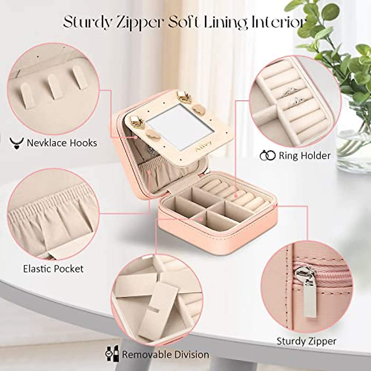 Ailvy Travel Jewelry Organizer with Mirror, Small Jewelry Box Portable Display Storage Jewelry Case for Earrings, Rings, Necklaces, Bracelet, Gift for Women Girls (Pink)