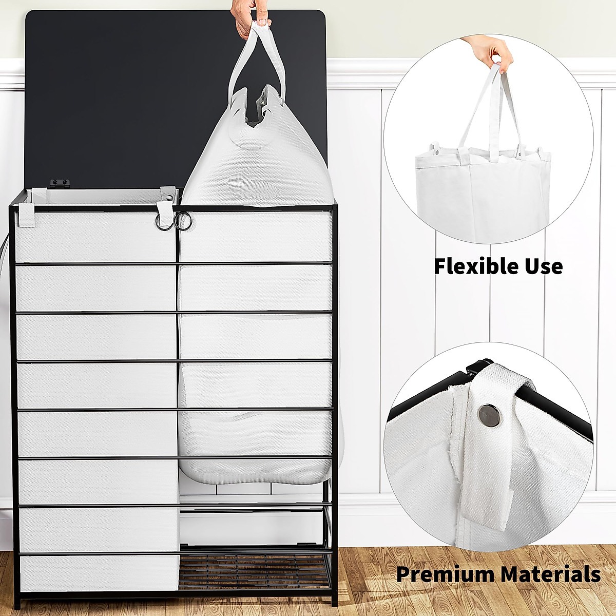 Laundry Hamper with Lid 2 Section, Double Laundry Basket Separation Organizer with Cover, Dirty Clothes Hamper, Large Capacity Iron-Made Laundry Sorter Laundry Room Organization