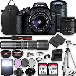 Canon EOS 4000D (Rebel T100) DSLR Camera w EF-S 18-55mm f/3.5-5.6 III + EF-S 55-250mm f/4-5.6 is STM + 500mm f/8 Focus Lenses + 2X 64GB Memory + Case + Filters + Tripod + More (35pc Bundle) (Renewed)