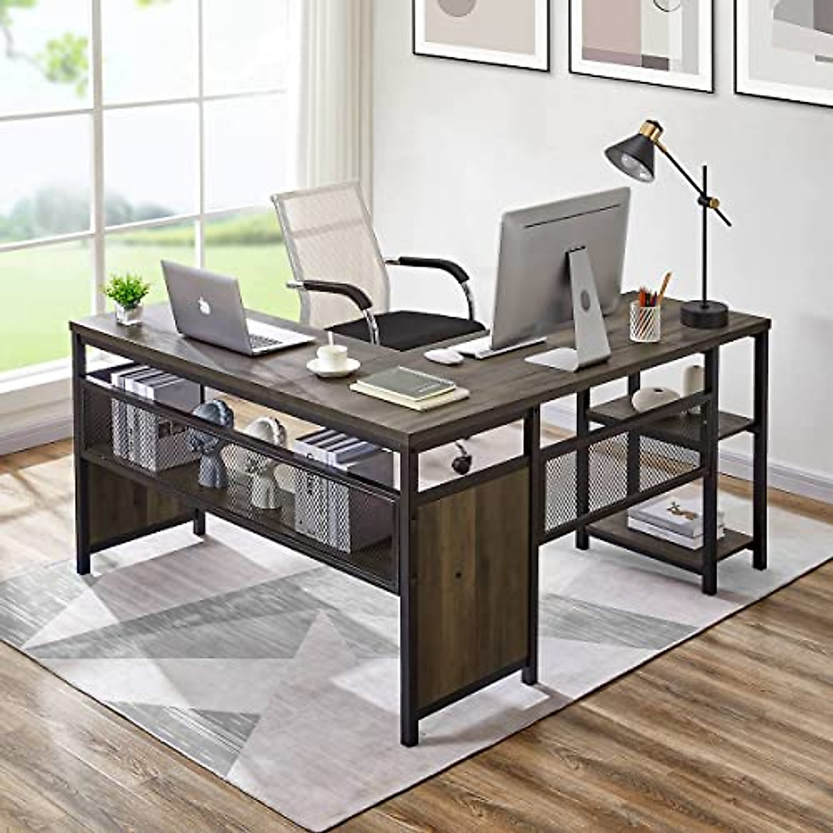 FATORRI L Shaped Computer Desk, Industrial Home Office Desk with Shelves, Rustic Wood and Metal Corner Desk (Walnut Brown, 59 Inch)