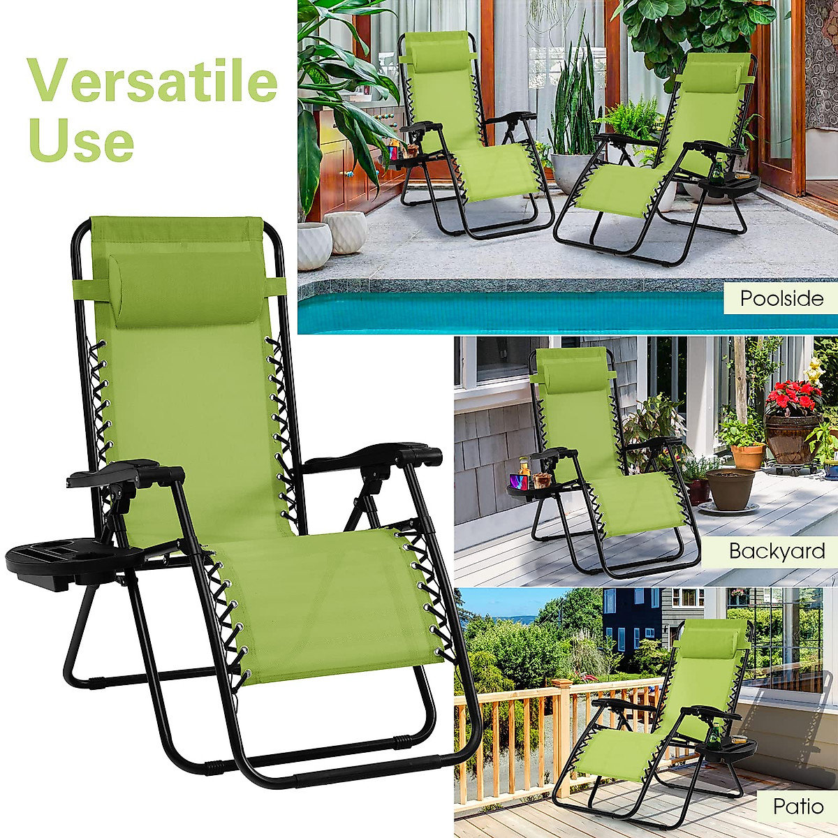 Goplus Zero Gravity Lounge Chairs, 160°Adjustable Folding Recliner w/Pillow and Cup Holder, 350LBS Comfy Outdoor Lounge Chairs for Patio, Lawn, Yard & Camp(1, Green)