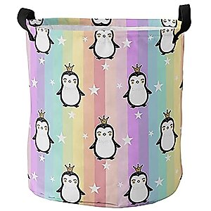Oxford Fabric Storage Bin Cute Penguin on Stripes Rainbow Stars Krisyeol Waterproof Collapsible Laundry Basket Dirty Clothes Hamper with Handles Storage Baskets Organizer 17x13.8