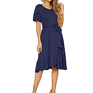 Women's Plain Casual Swing Midi Modest Belt Dress Deep Blue L
