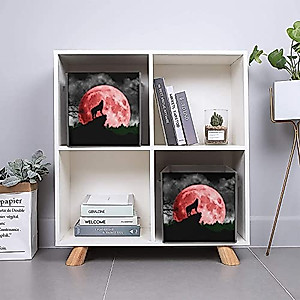 Blood Red Moon Wolf Canvas Collapsible Storage Bins Cube Organizer Baskets with Handles for Home Office Car