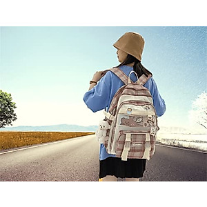 Aoakva Kawaii Plaid Backpack Purple Trendy Travel Bag with Free Cute Bear Pendant (Plaid purple), Regular