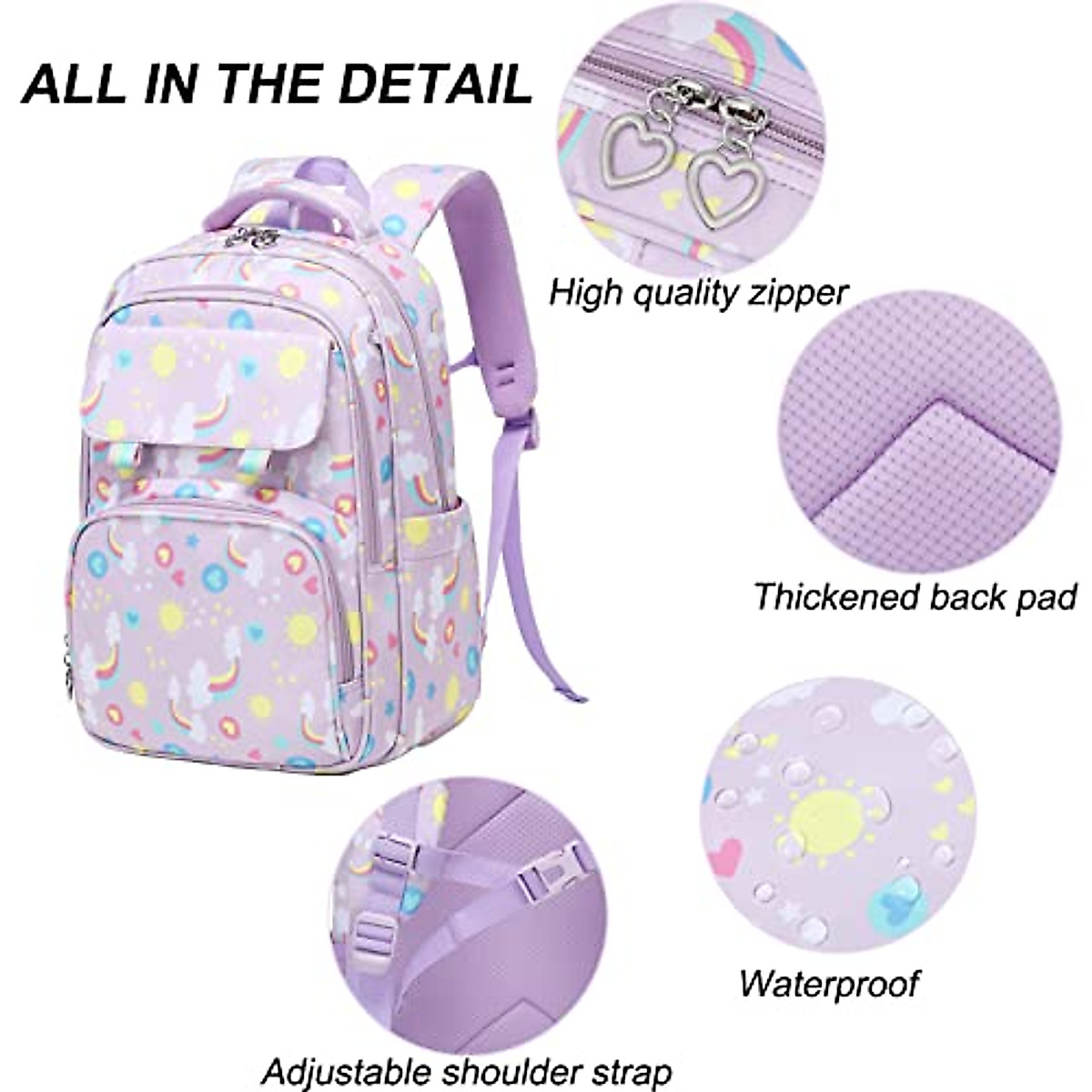 ZHIERNA School Backpack with Lunch Bag for Teen Girls,15.6’’ Laptop Backpacks, 2Pcs Set College Bookbags with Reflective Tape(Purple)
