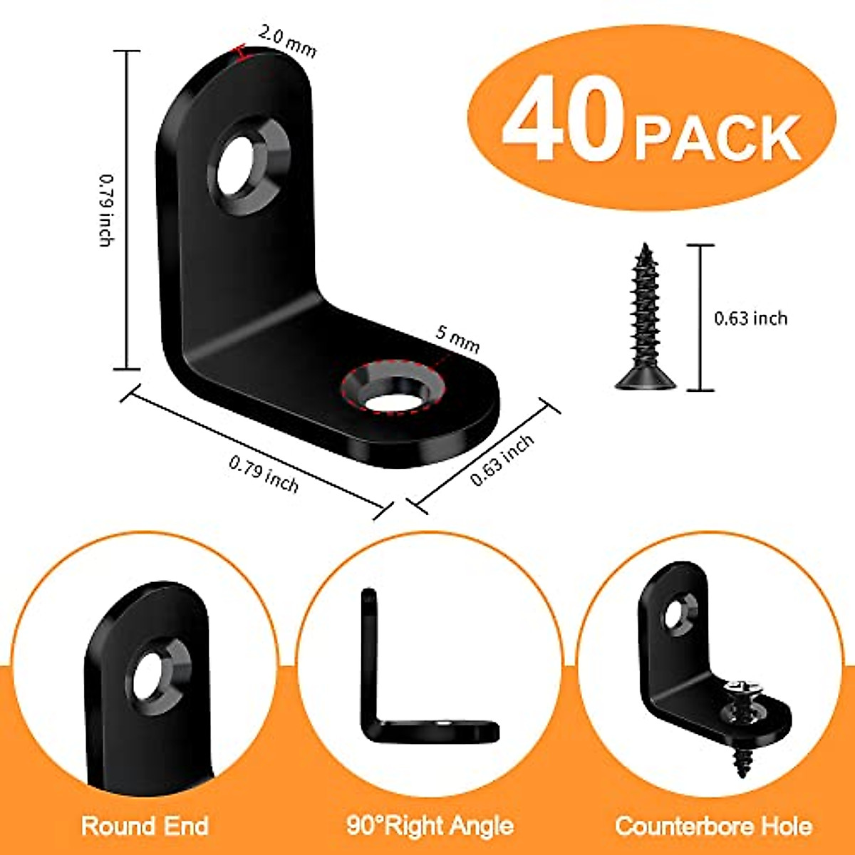 40PCS L Bracket Corner Brace Sets, Stainless Steel Corner Bracket, 90 Degree Right Angle Bracket, Metal L Brackets for Shelves Wood Furniture Cabinet Chair Drawer with 80PCS Screws, Black (20mmx20mm)