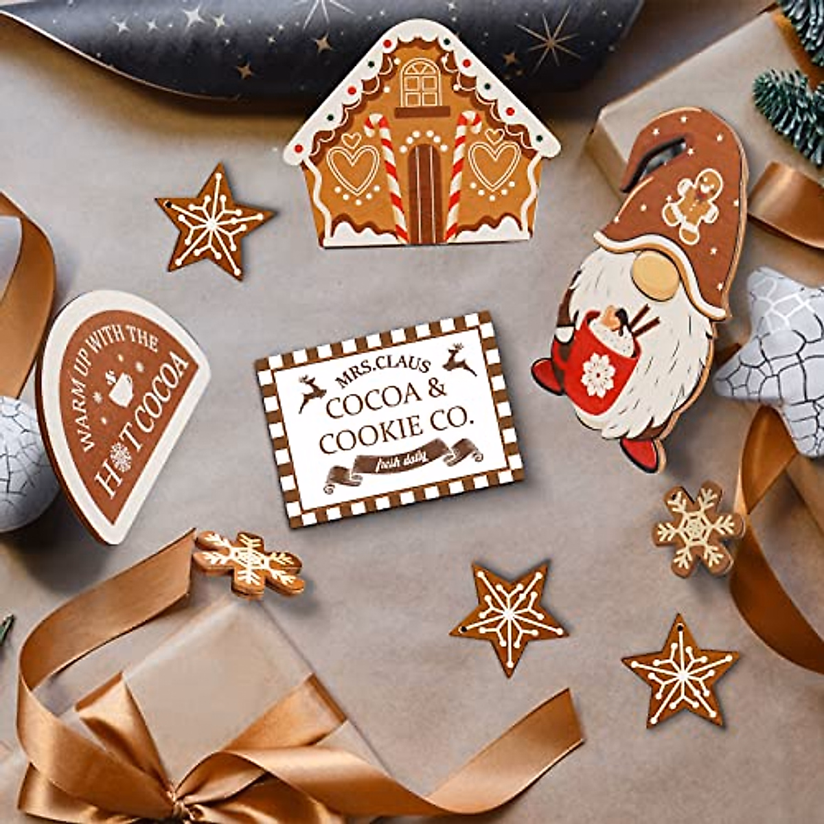 10 Pieces Christmas Tiered Tray Decor-Winter Holiday Gingerbread Themed Decor with Hot Cocoa Bar and Cute Gnomes Wooden Signs for Farmhouse Rustic Centerpiece Home Room Table Fireplace Shelf