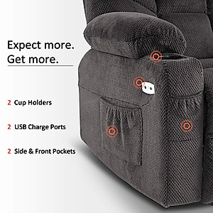 MCombo Manual Glider Rocker Recliner Chair with Cup Holders for Nursery, USB Ports, 2 Side & Front Pockets, Plush Fabric 8002 (Grey Fabric)