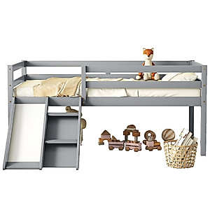 Twin Low Loft Bed with Slide, Ladder & Safety Guardrails, Wood Loft Bed Frame for Kids Teens Boys & Girls, No Box Spring Needed,Grey