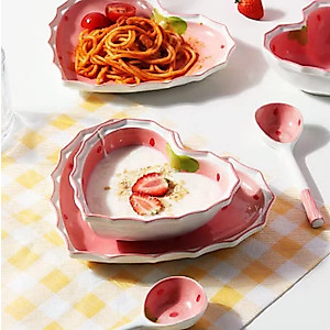 ENPAP Strawberry-shaped heart-shaped ceramic bowl, sturdy salad bowl, for cereals, salads, soups, salads and ceramic lettuce, for oatmeal, ceramic (pink)