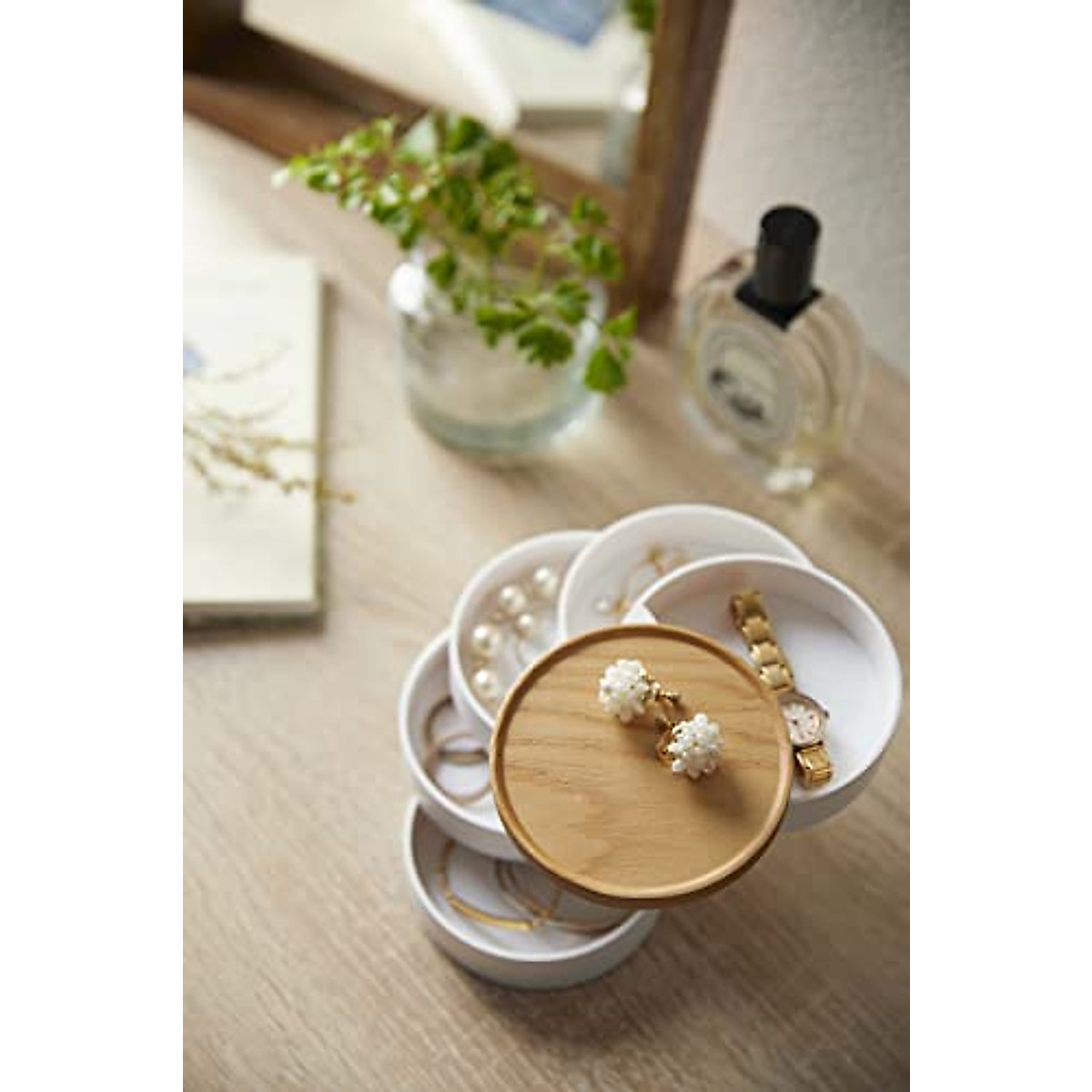 Yamazaki Box Home Stacked Accessory Trays with Wooden Lid | Plastic | Jewelry Organizer, One Size, White