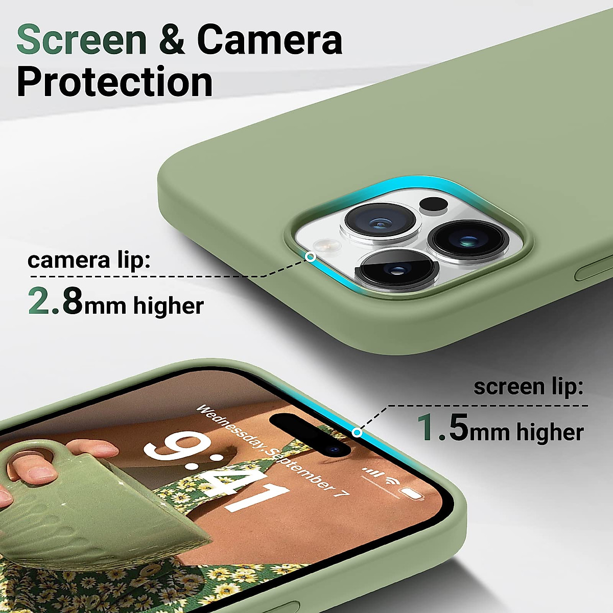 AOTESIER Compatible with iPhone 14 Pro Max Case, [Food Grade Silicone] [Military Drop Protection] with Anti-Scratch Lining Protective Phone Case for 14 ProMax, 6.7 inch, Tea Green