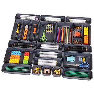 Set of 24 Interlocking Desk Drawer Organizer Tray Dividers Plastic Shallow Narrow Drawers Organizers Separators Storage Bins Container for Kitchen Bathroom Makeup Office Vanity Bedroom Dresser