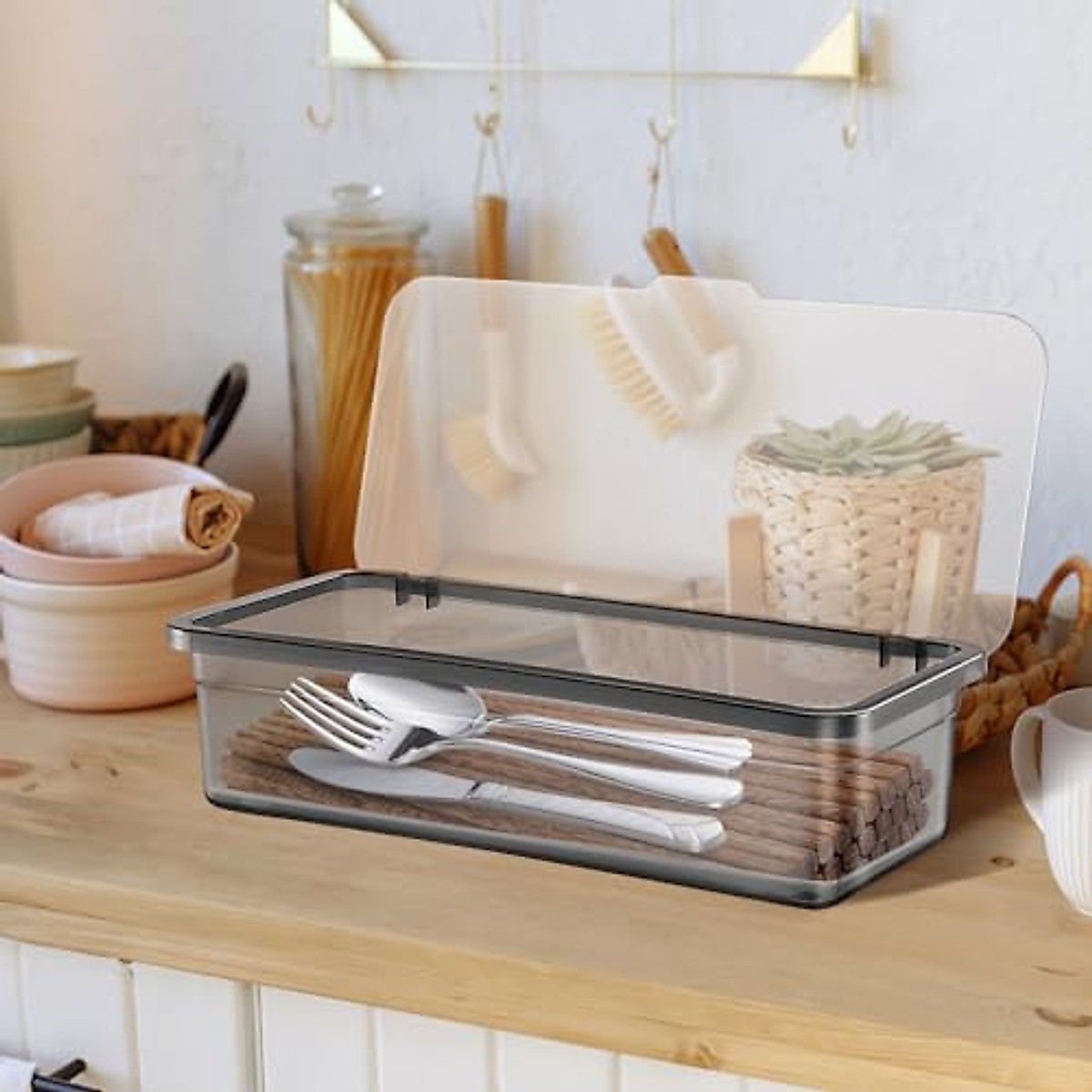 Cabilock 3Pcs Silverware Organizer Countertop Utensil Holder for Countertop with Lid Kitchen Silverware Organizer Plastic Silverware Tray for Drawer Utensil Organizer Black