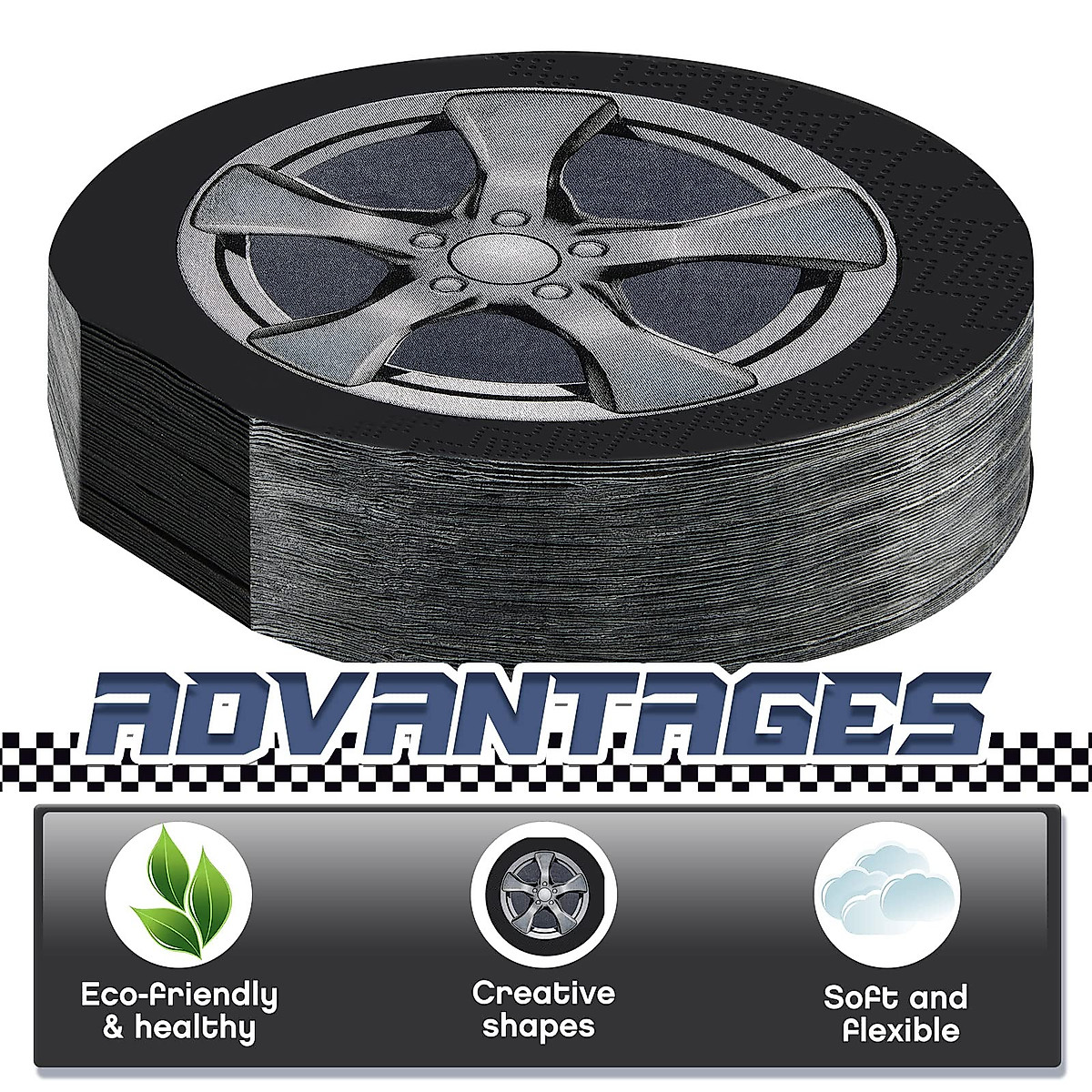 Henoyso 100 Pcs Tire Napkins Classic Race Car Wheel Paper Napkins for Race Car Baby Shower Birthday Party Decoration Supplies, 2 Ply