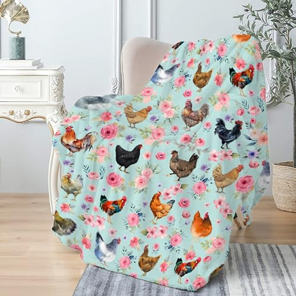 Chicken Flower Blanket-Chicken Blanket for Boys, Girls Chicken Gift for Chicken Lovers-Cozy Soft Flannel Lightweight and Warm Used for Room Bed Camping 40"x50" for Kids Children