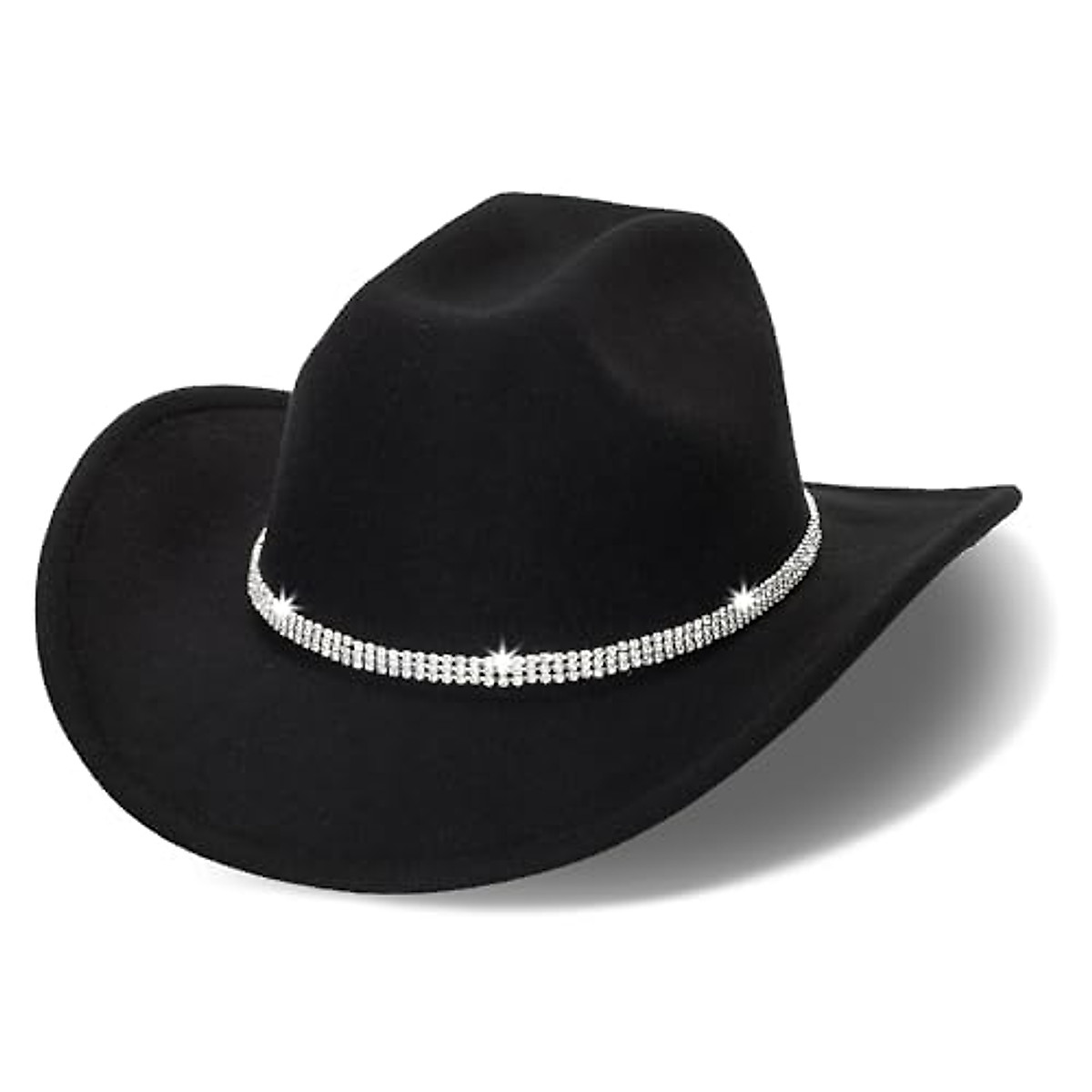 Women-Rhinestone-Western-Cowboy-Hats - Vintage-Wide-Brim-Cowgirls-Hat Bling-Diamond-Hat for Disco Music Party M/L Black