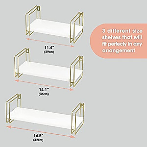 J JACKCUBE DESIGN White Wood Floating Shelves, Set of 3 Wall Mounted Hanging Shelves with Gold Wire Frames for Bedroom. Living Room, Kitchen, Bathroom and Office - MK696C