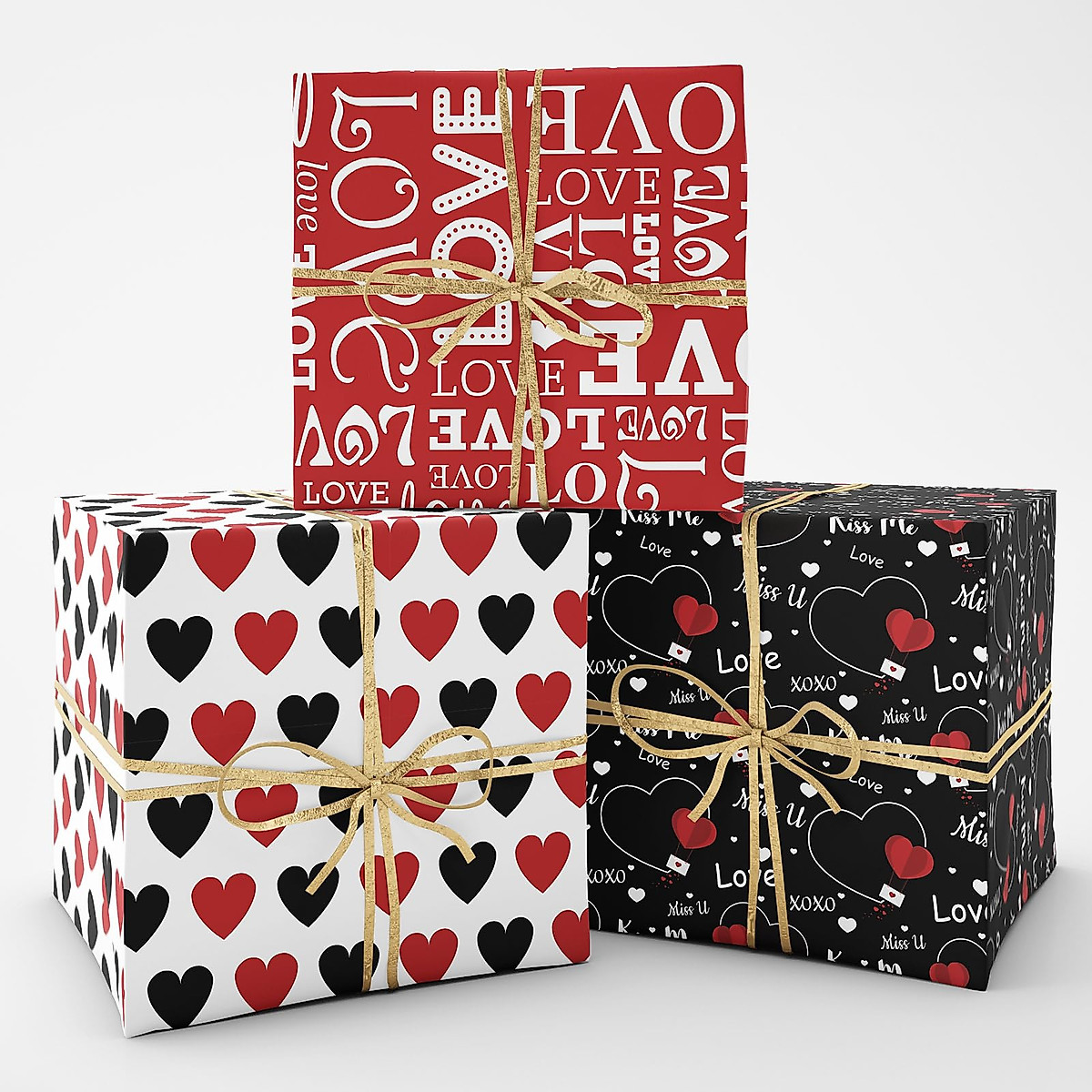 Whaline 12 Sheet Valentine's Day Wrapping Paper Heart Love Plaid Gift Wrap Paper Bulk Folded Flat Black Red Craft Paper for DIY Crafts Wedding Anniversary Party Gift Packing Supplies, 19.7 x 27.6 Inch