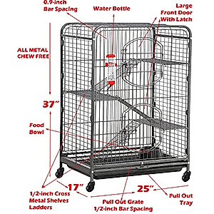 37-inch Metal Ferret Chinchilla Small Animals Hutch Rolling Cage Guinea Pig/Kitten/Rabbit Pet with 2 Front Doors for Indoor Outdoor (Black Vein, Metal Platform and Ladder)