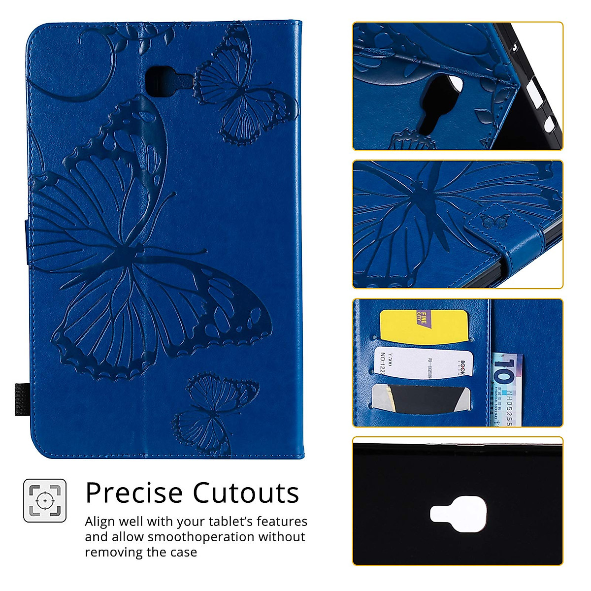 UUcovers Case for Samsung Galaxy Tab A 10.1" 2016 Version (SM-T580/T585/T587,NO S Pen) with Pencil Holder, Smart Stand Embossed PU Leather Folio Card Wallet Cover [Auto Wake/Sleep], Blue Butterfly