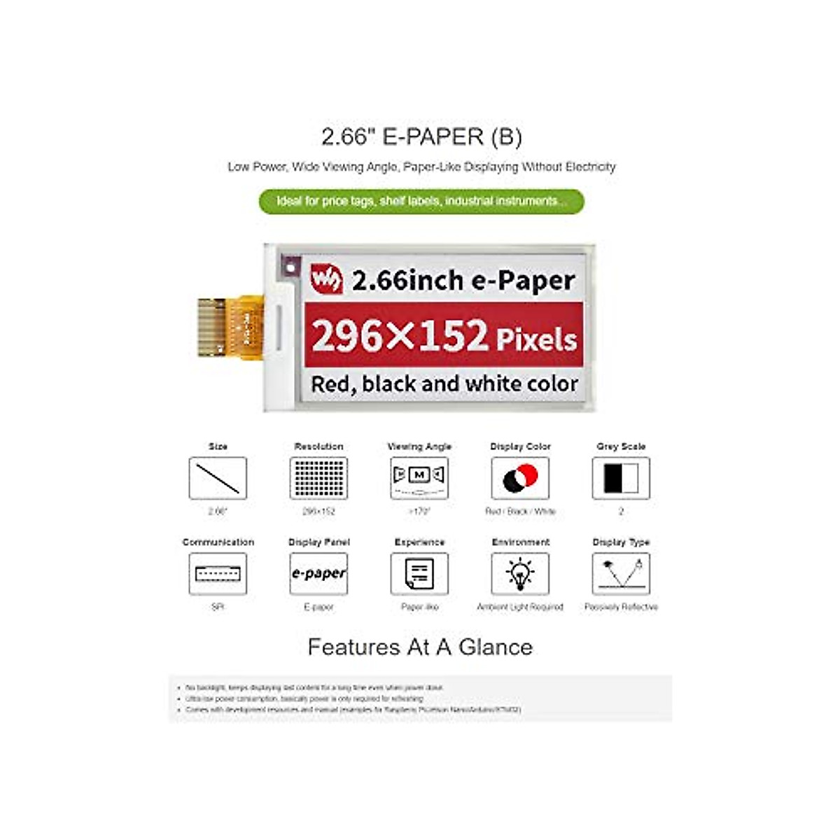 waveshare 2.66inch E-Paper E-Ink Raw Display Compatible with Raspberry Pi 4B/3B+/3B/2B/B+/A+/Zero/Zero W/WH/Zero 2W Series Boards 296×152 Pixels Red/Black/White Three-Color SPI Interface Without PCB