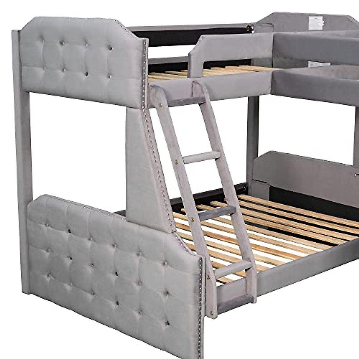 Demofit Bunk Bed and Twin Size Loft Bed and Desk, L-Shaped Twin Over Full Size Bed Frame with Ladder nd Full-Length Guardrail for Bedroom,No Boxspring Required (Grey)
