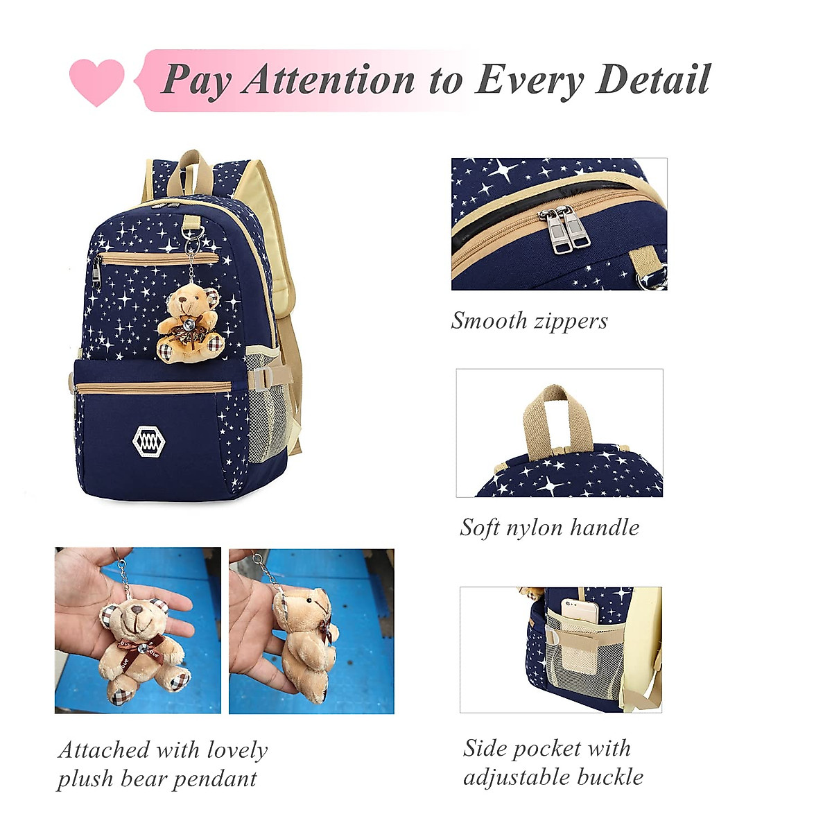 Star Print Girls Canvas Backpacks Set for School, School Bags Bookbags for Teenage Girls, with Crossbody Bag, 3 Pieces