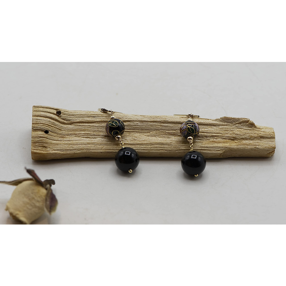 Black Agate and Cloisonné Lever-back Drop Earrings