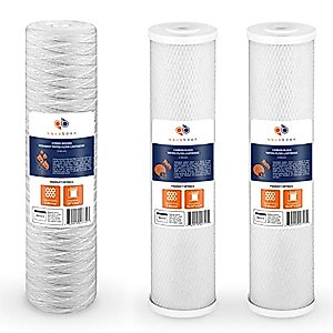 Aquaboon 1-Pack of 5 Micron 20" String Wound Sediment Water Filter Replacement Cartridge & Aquaboon 2-Pack Coconut Shell Water Filter Cartridge | Universal Whole House 5 Micron 20 inch Cartridges